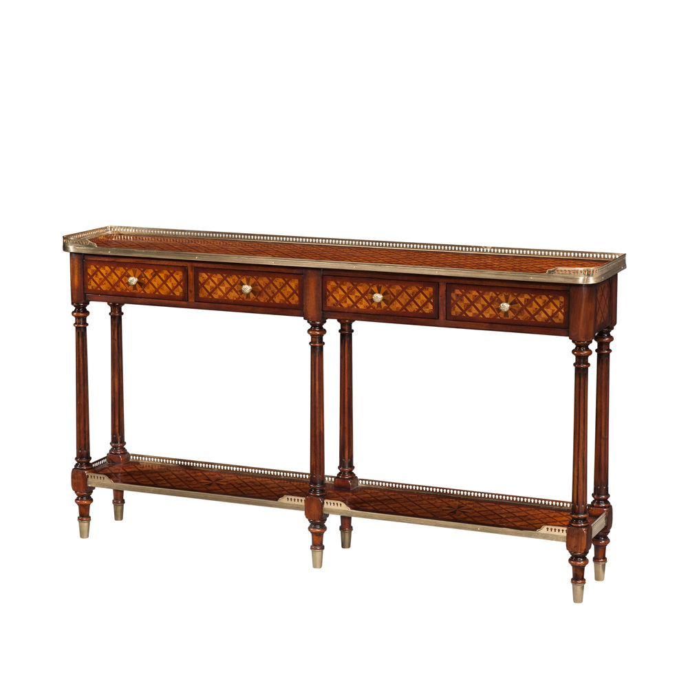 Burl Lattice Parquetry, Brass Mounted Console Table | Theodore Alexand
